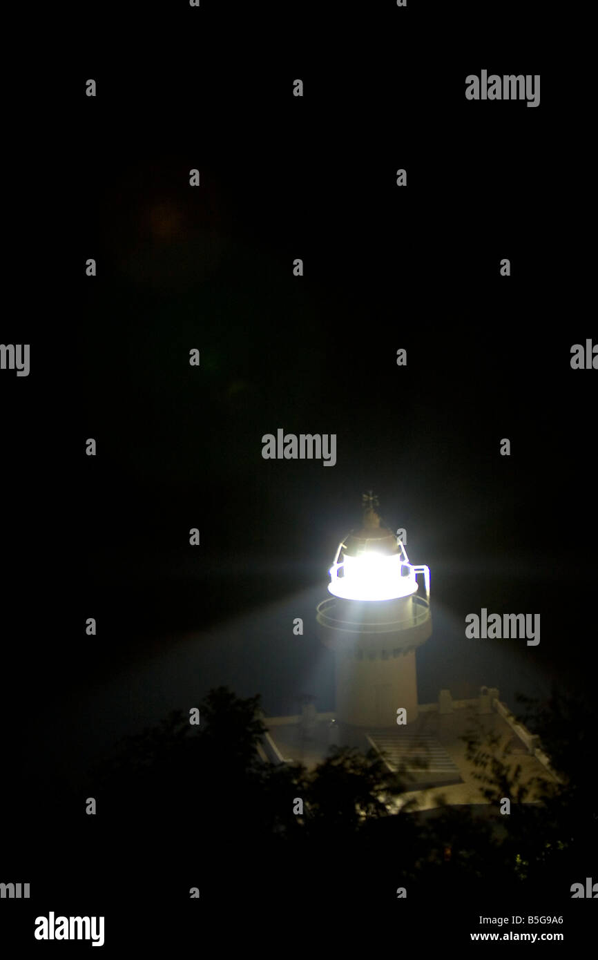 Monte Igueldo Lighthouse at night in La Concha Bay near the city of ...