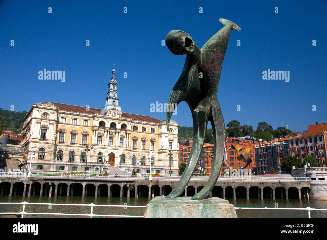 Day of the Dead public art sculpture and the City Hall of Bilbao Biscay ...
