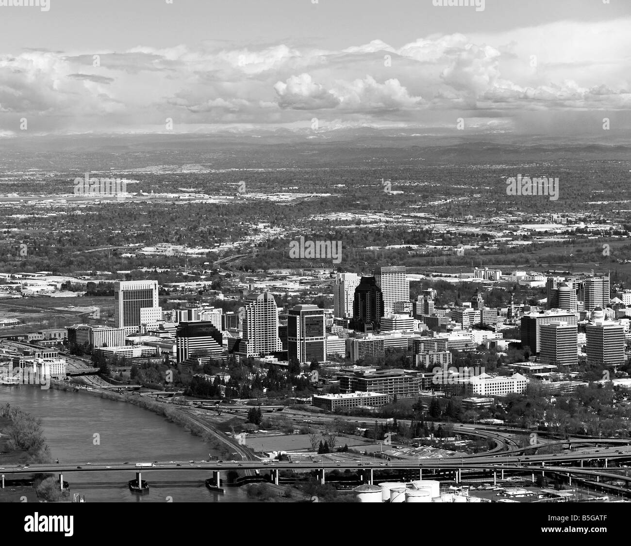 aerial view above downtown Sacramento and the Sacramento river Stock ...