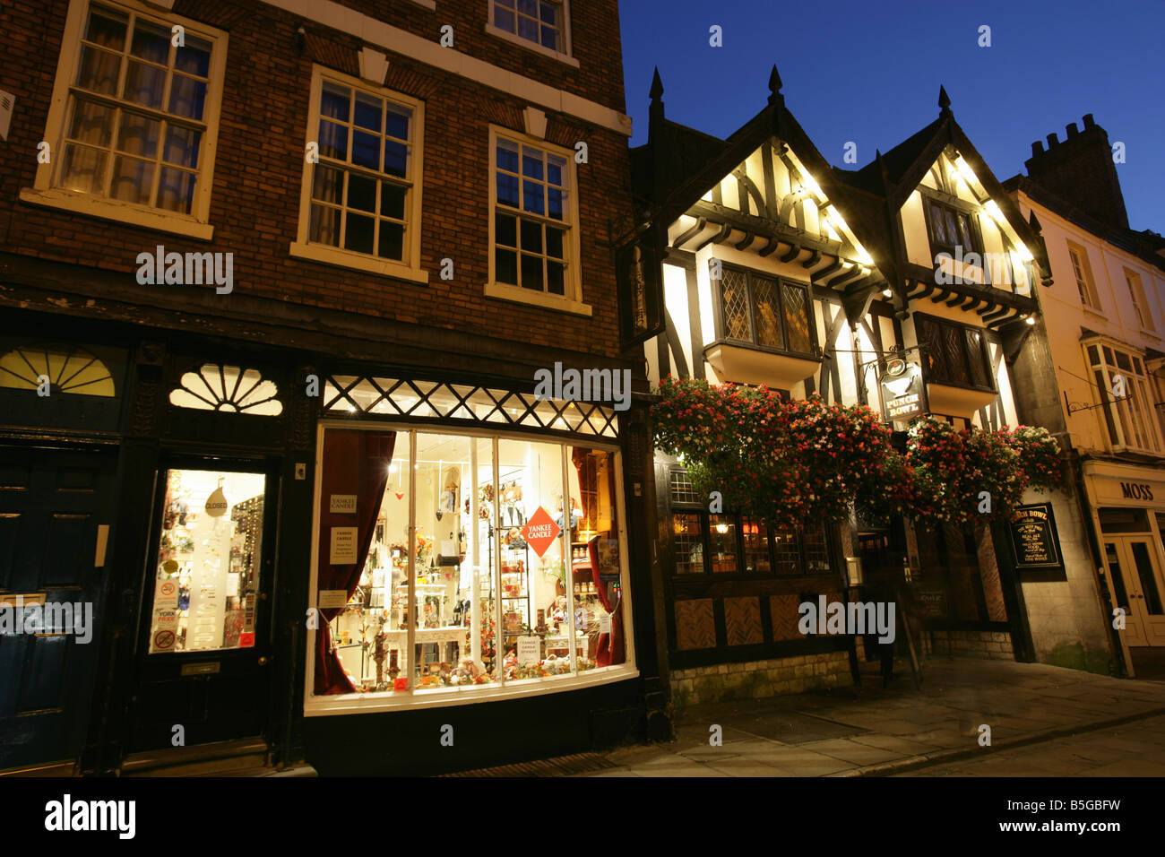 City of York, England. Dusk street view York’s Stonegate including ...