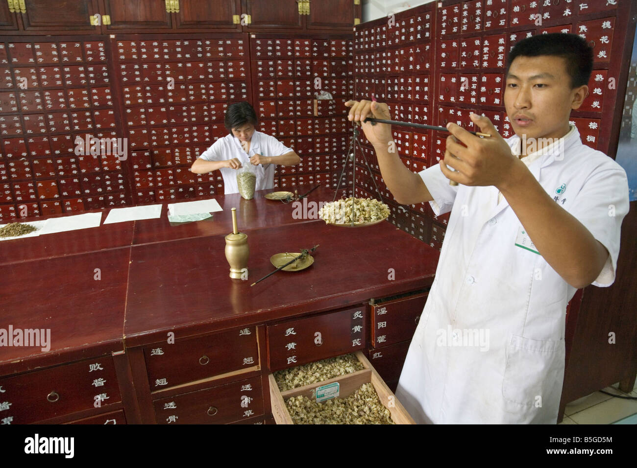 Pharmacist preparing herbal prescription at traditional Chinese ...