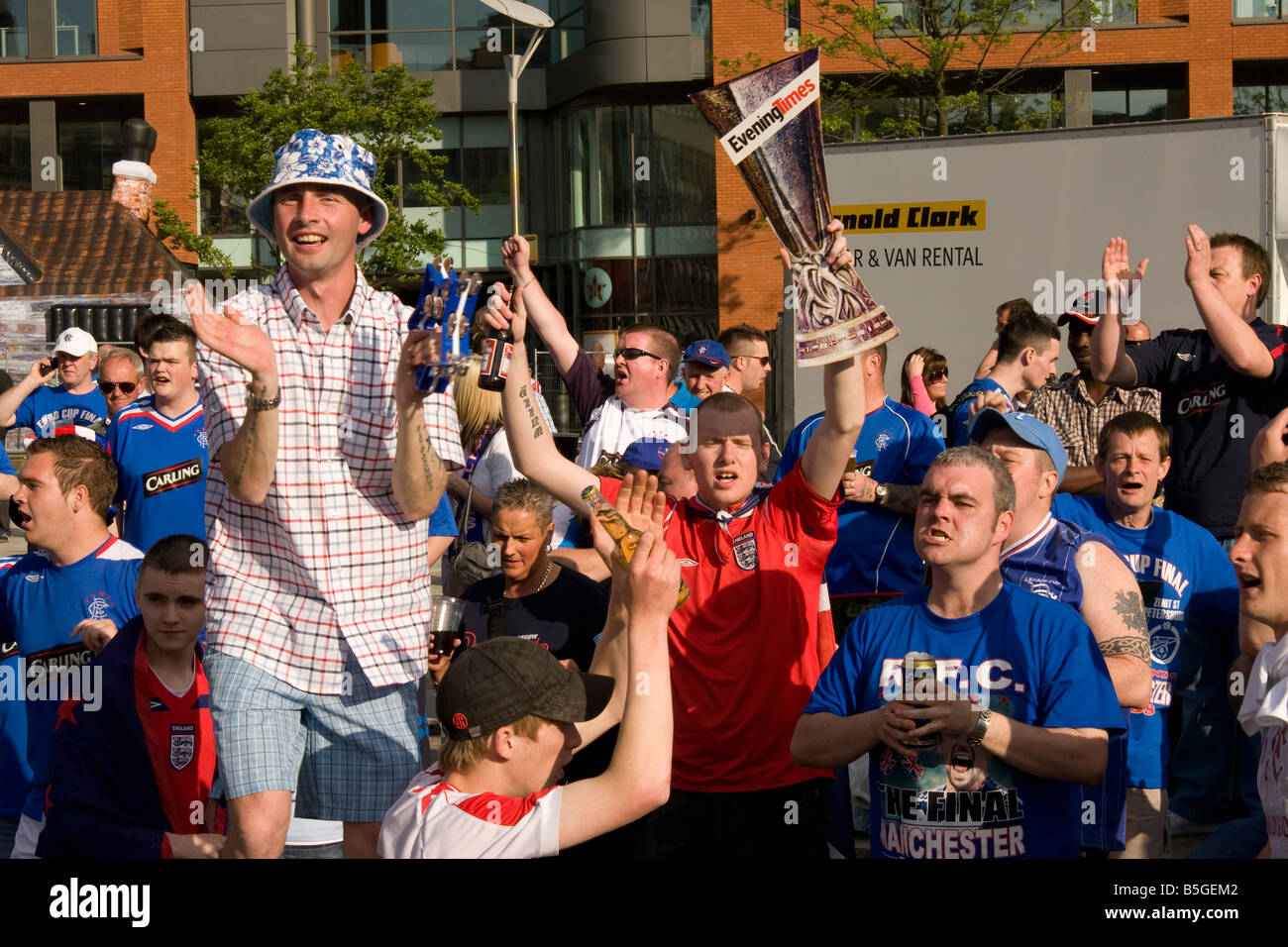 Scottish Rangers Supporters gather on Piccadilly gardens in Manchester ...