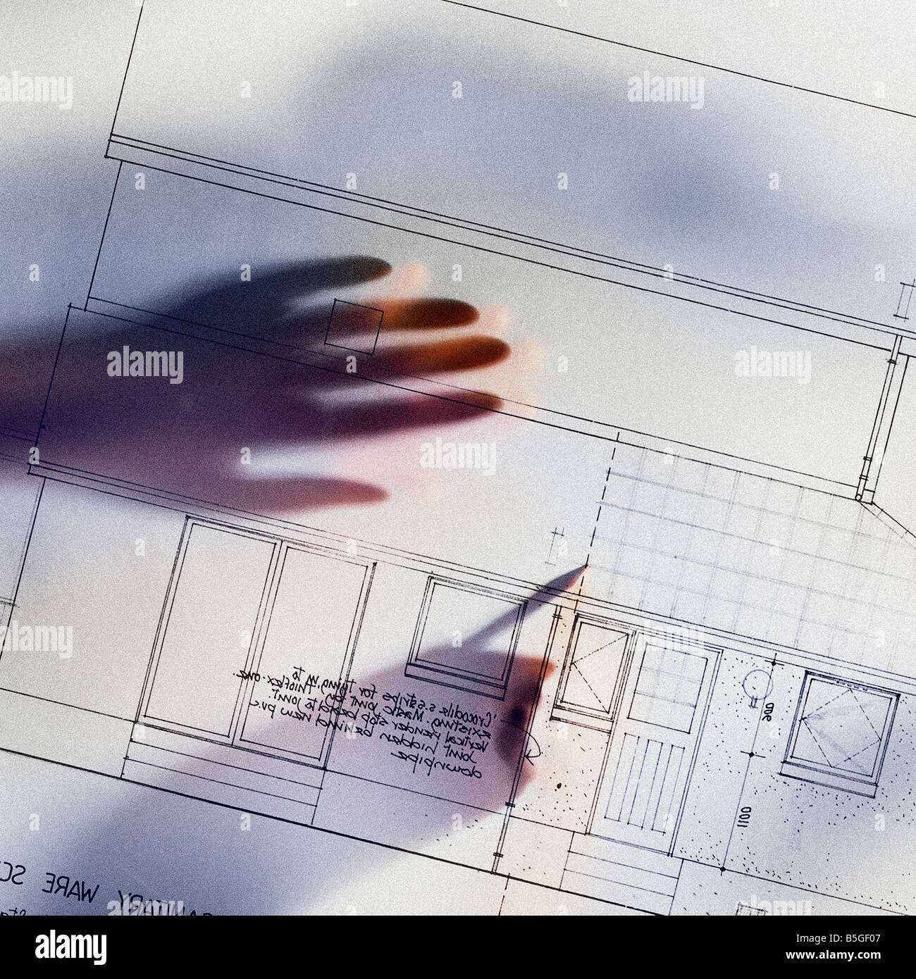 Technical drawing with hand holding pencil Stock Photo - Alamy