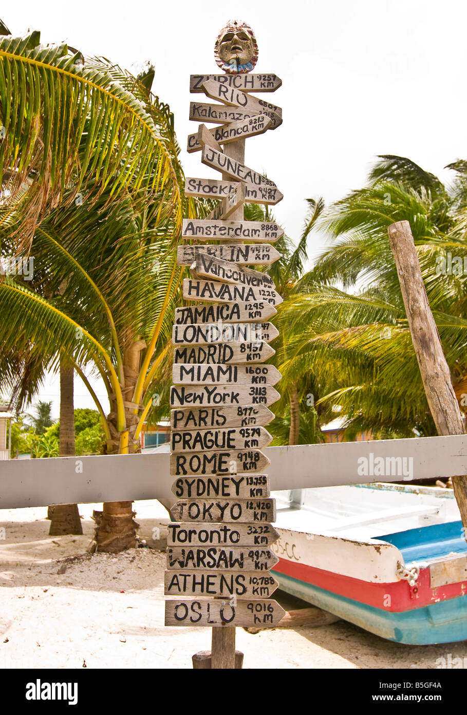 CAYE CAULKER BELIZE Sign post with many signs listing distance in ...
