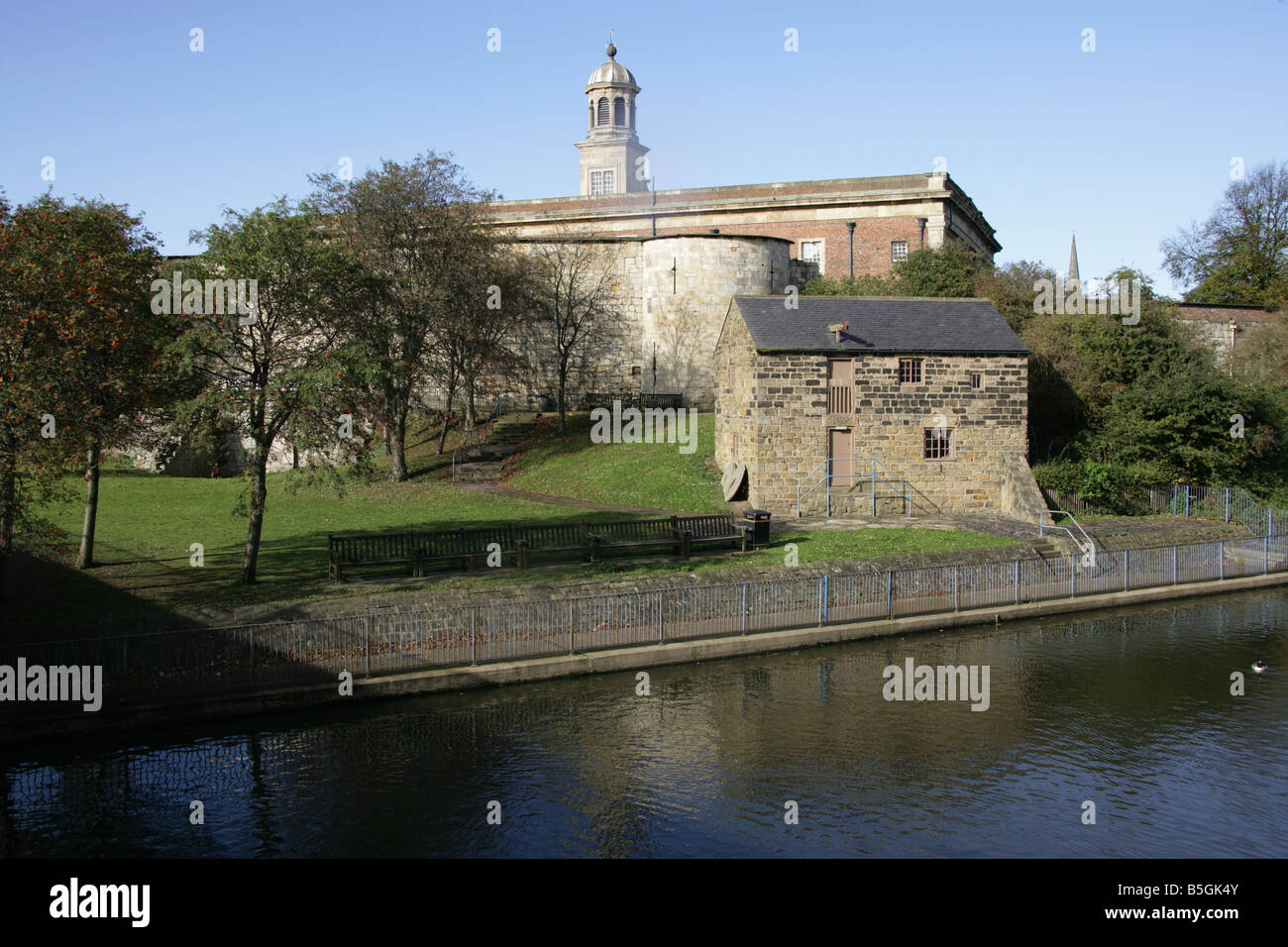 City of York, England. The gardens and mill of York Castle Museum with ...