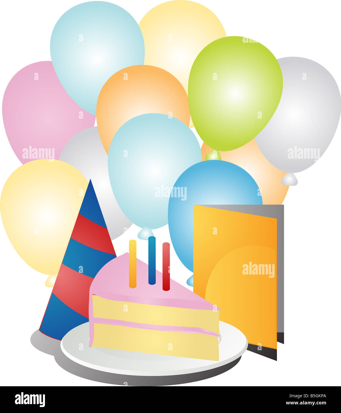 Birthday party celebration festivities illustration with cake card hat ...