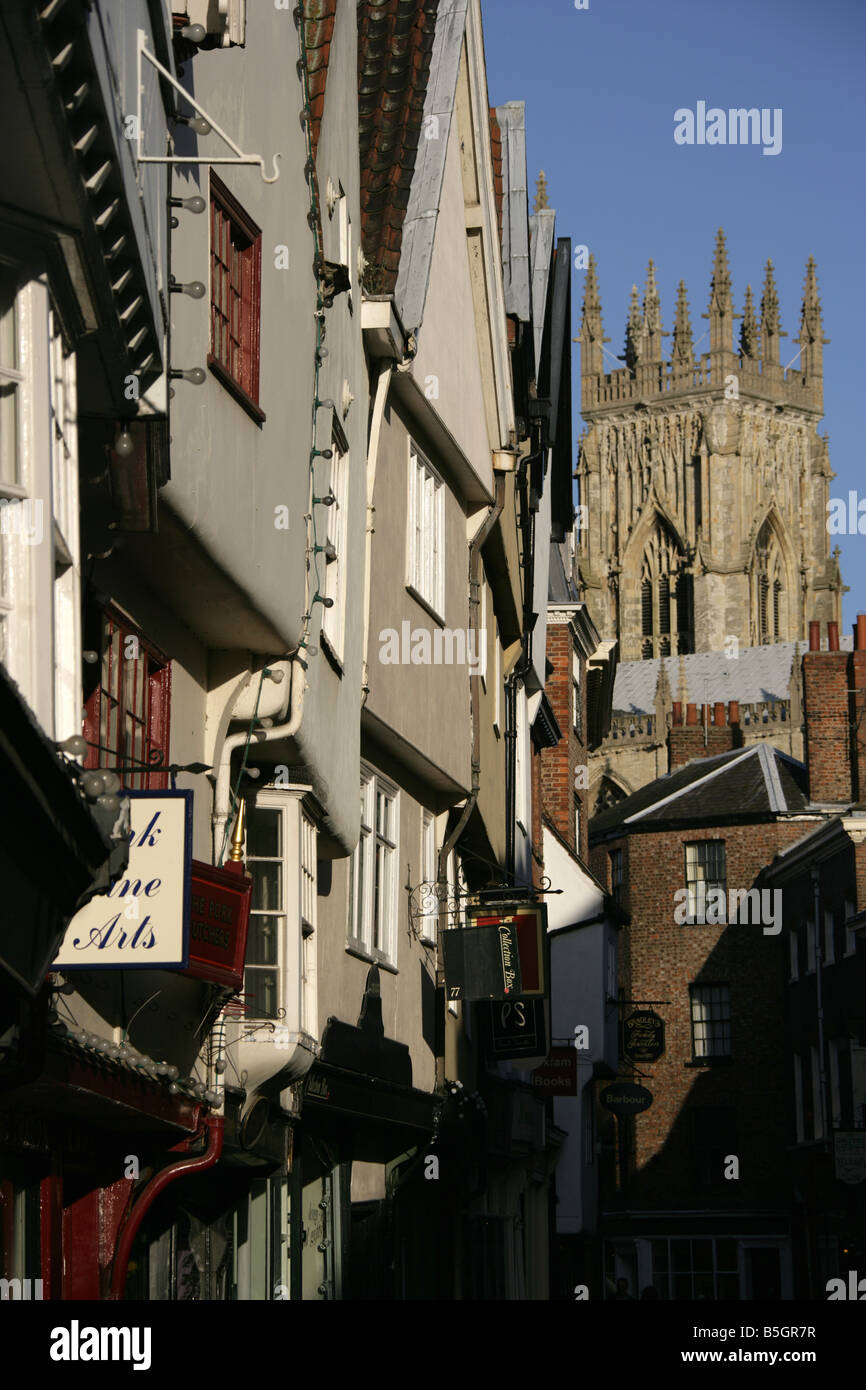 City of York, England. Shop fronts and buildings on Low Petergate ...
