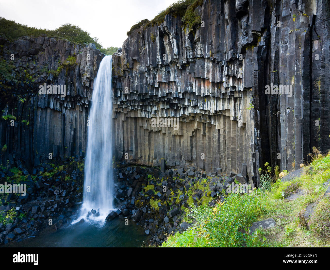 Rock strata formations at Svartifoss waterfall Skaftafell National Park ...
