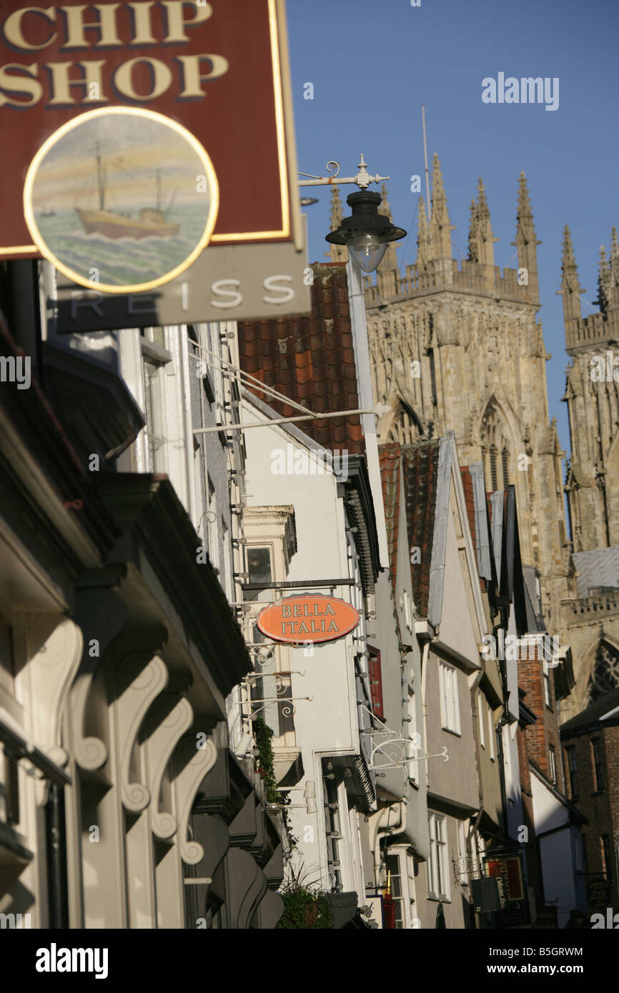 City of York, England. Shop fronts, signs and buildings on Low ...