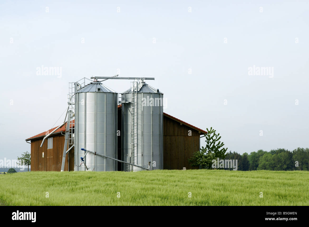 A rustic barn and two silos grey sky Stock Photo - Alamy