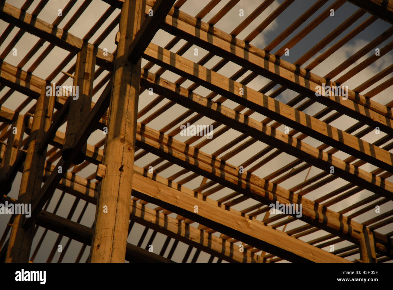 The frame of a traditional wooden house being built in Miao (Hmong ...