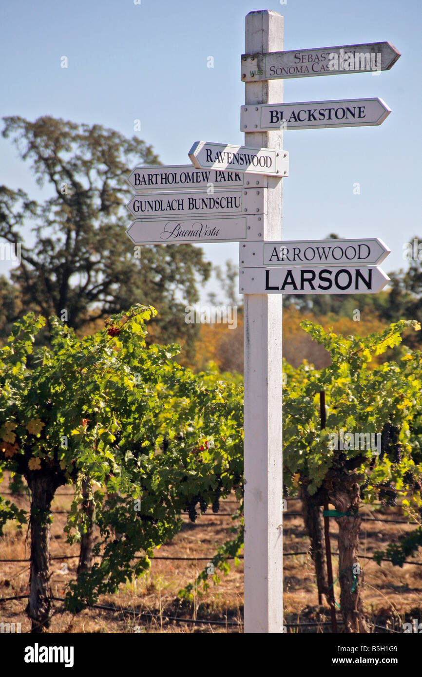 Destination sign pointing to wineries in Sonoma Valley California Stock ...