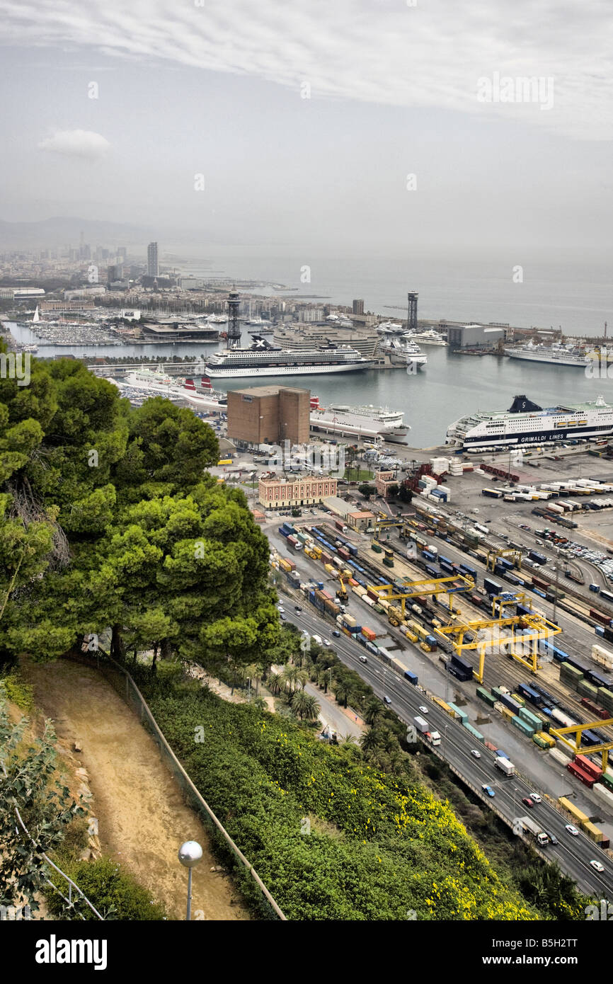 view, across, Barcelona, container port containers goods delivered ...