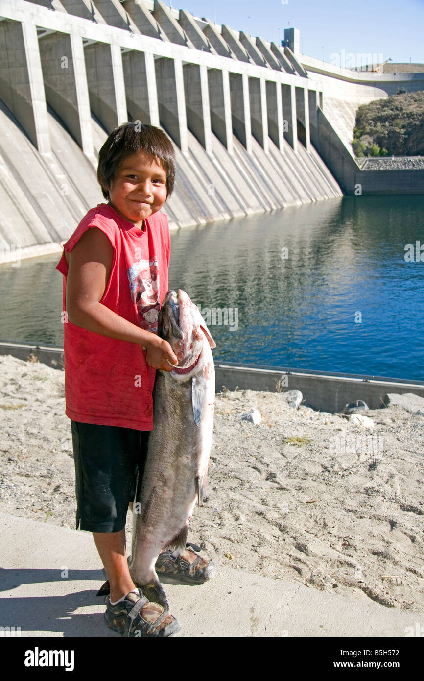 Colville Native American Indian boy with large Chinook Salmon at Chief ...