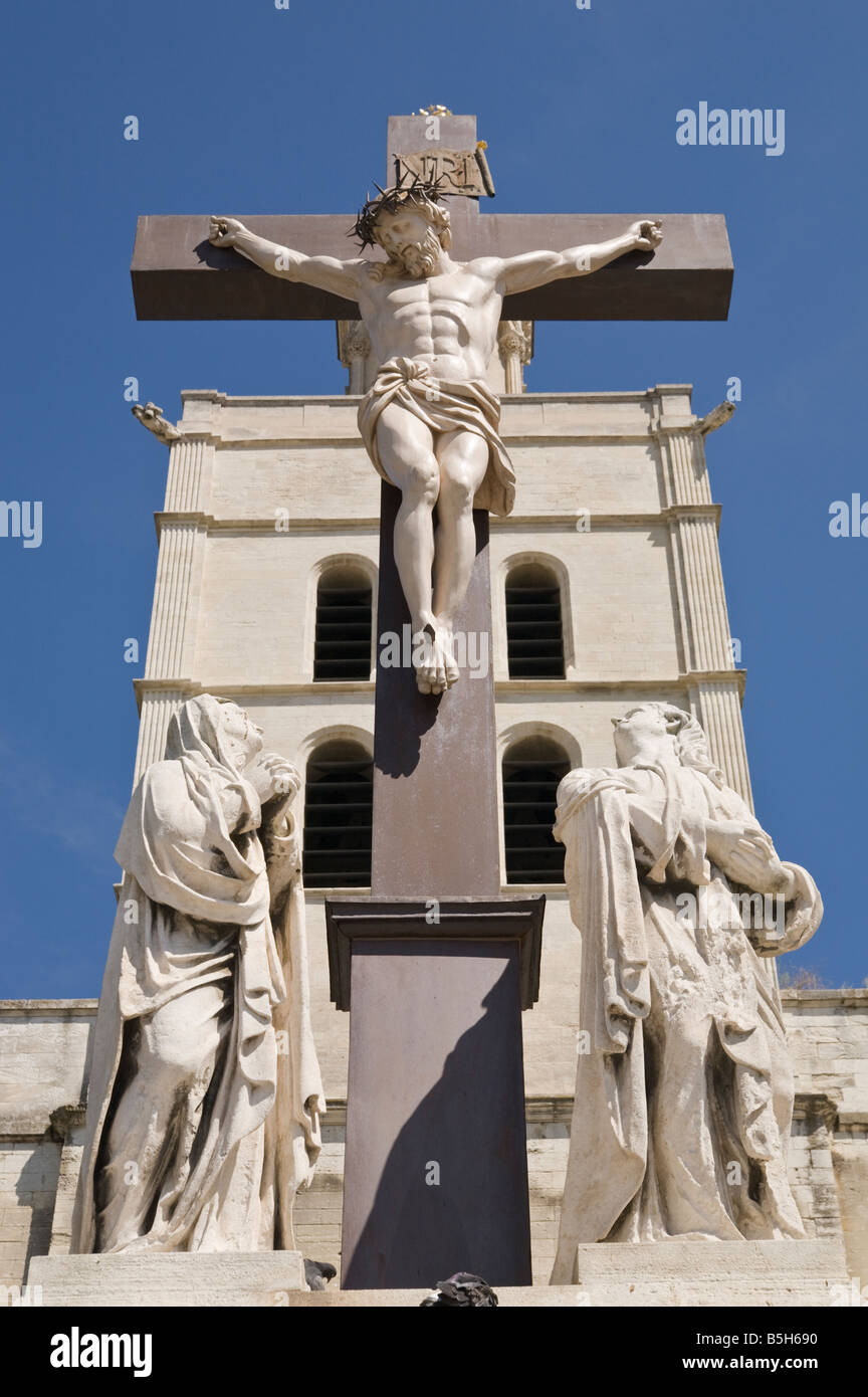 Statue of Jesus Christ on the cross in front of the Cathedral Notre ...