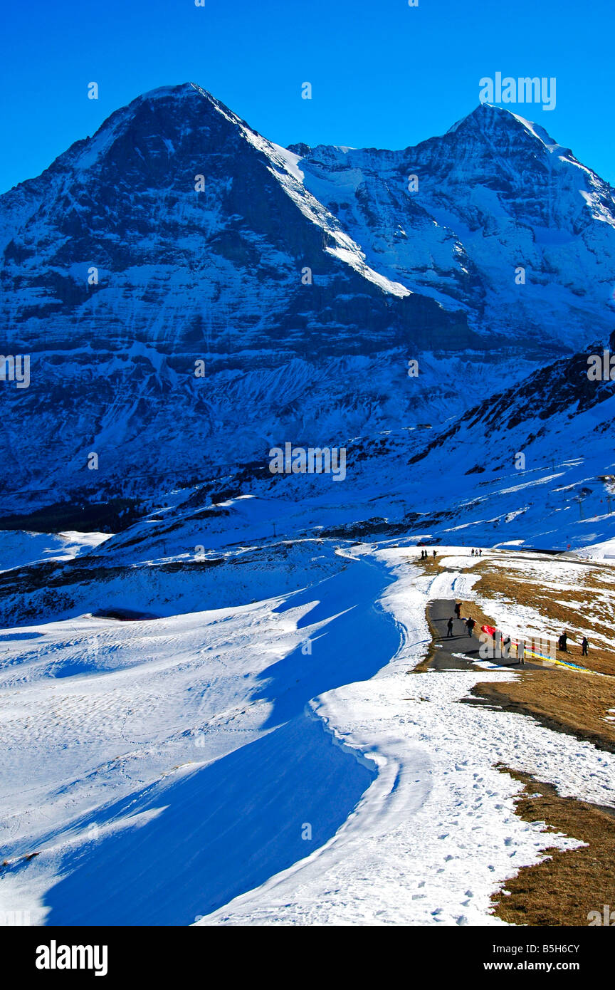 View from the top of Mt Maennlichen to the north face of Mt Eiger and ...