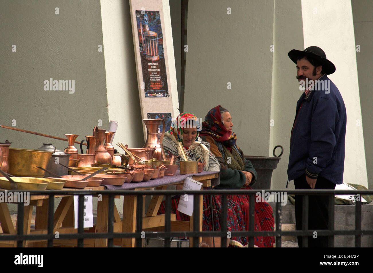 Romanian traditional crafts market, copper ware stall, Sibiu ...