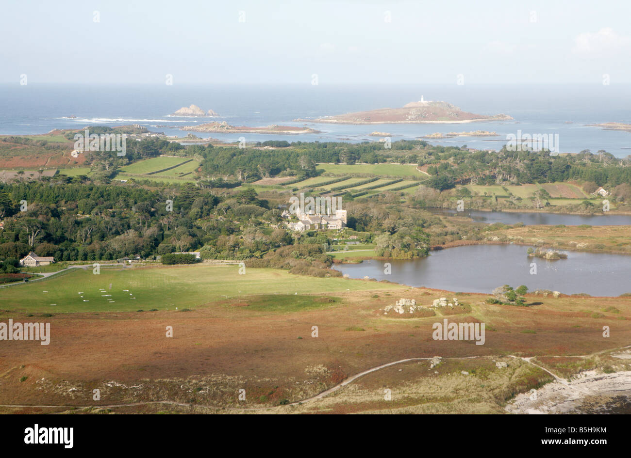 Aerial view of Tresco, Isles of Scilly, UK, showing Tresco Abbey home ...