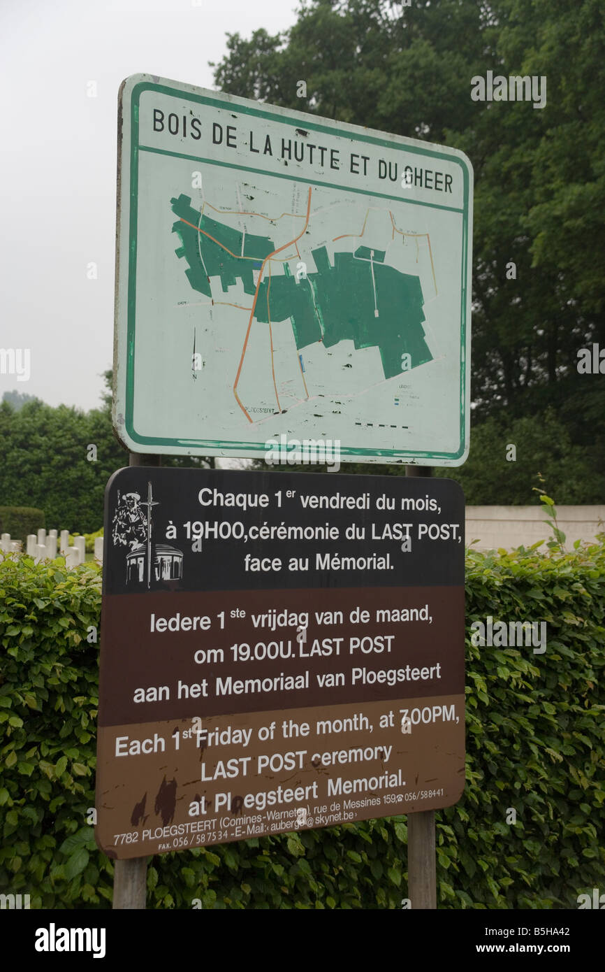 Sign for the Last Post ceremony at the Ploegsteert Memorial bearing the ...