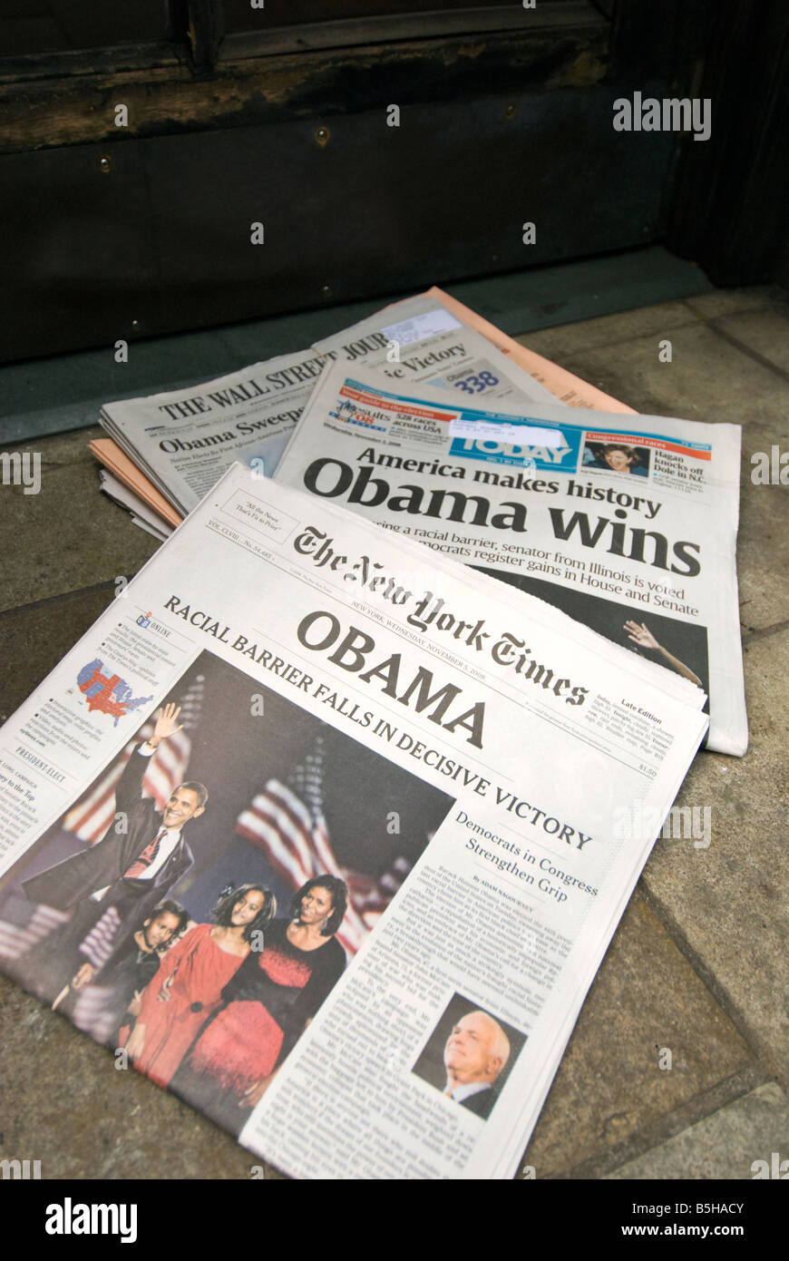 New York newspapers delivered to the front door announcing Barack Obama ...