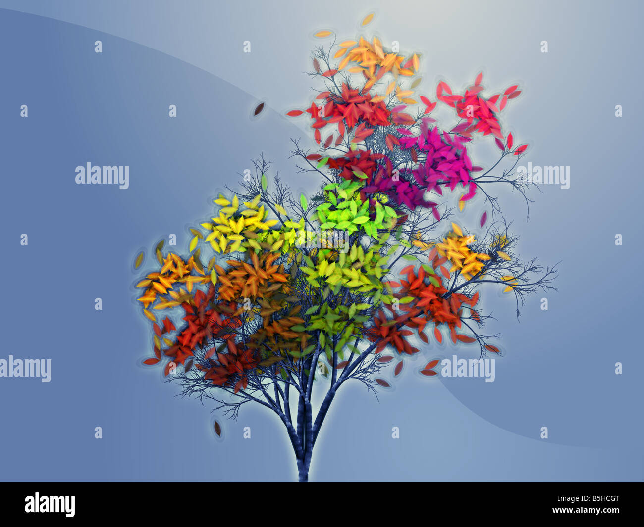 Autumn tree with falling leaves abstract rendered illustration Stock ...