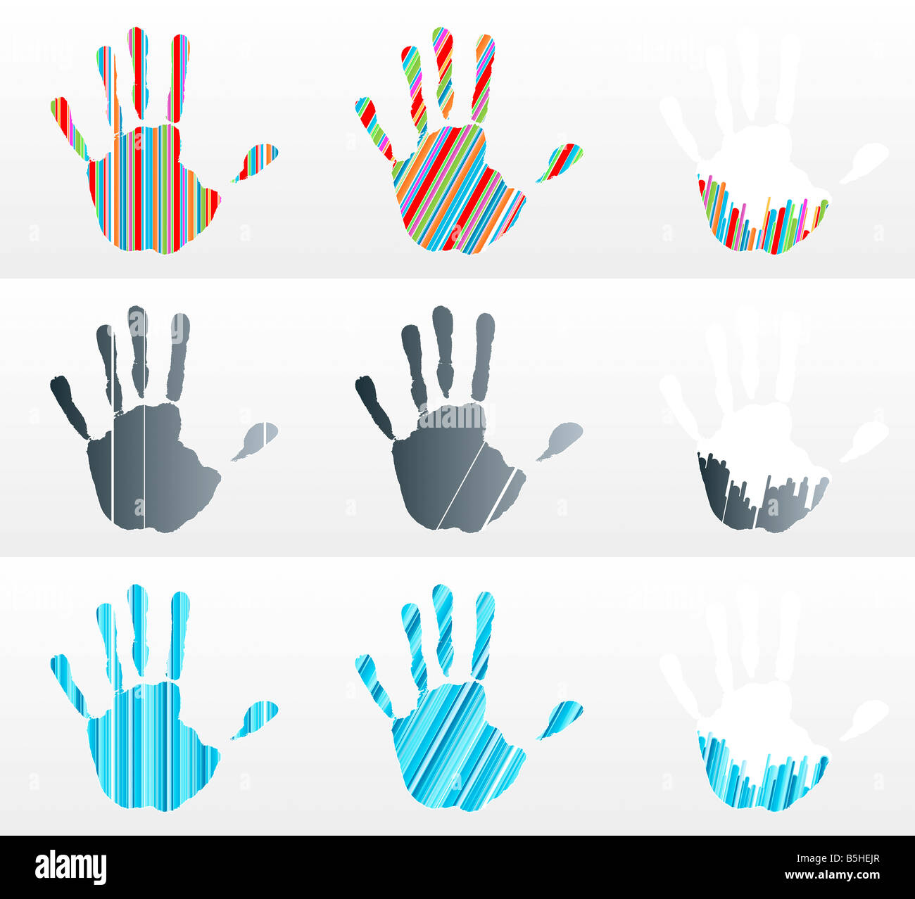 Vector illustration of various handprints with striped abstract ...