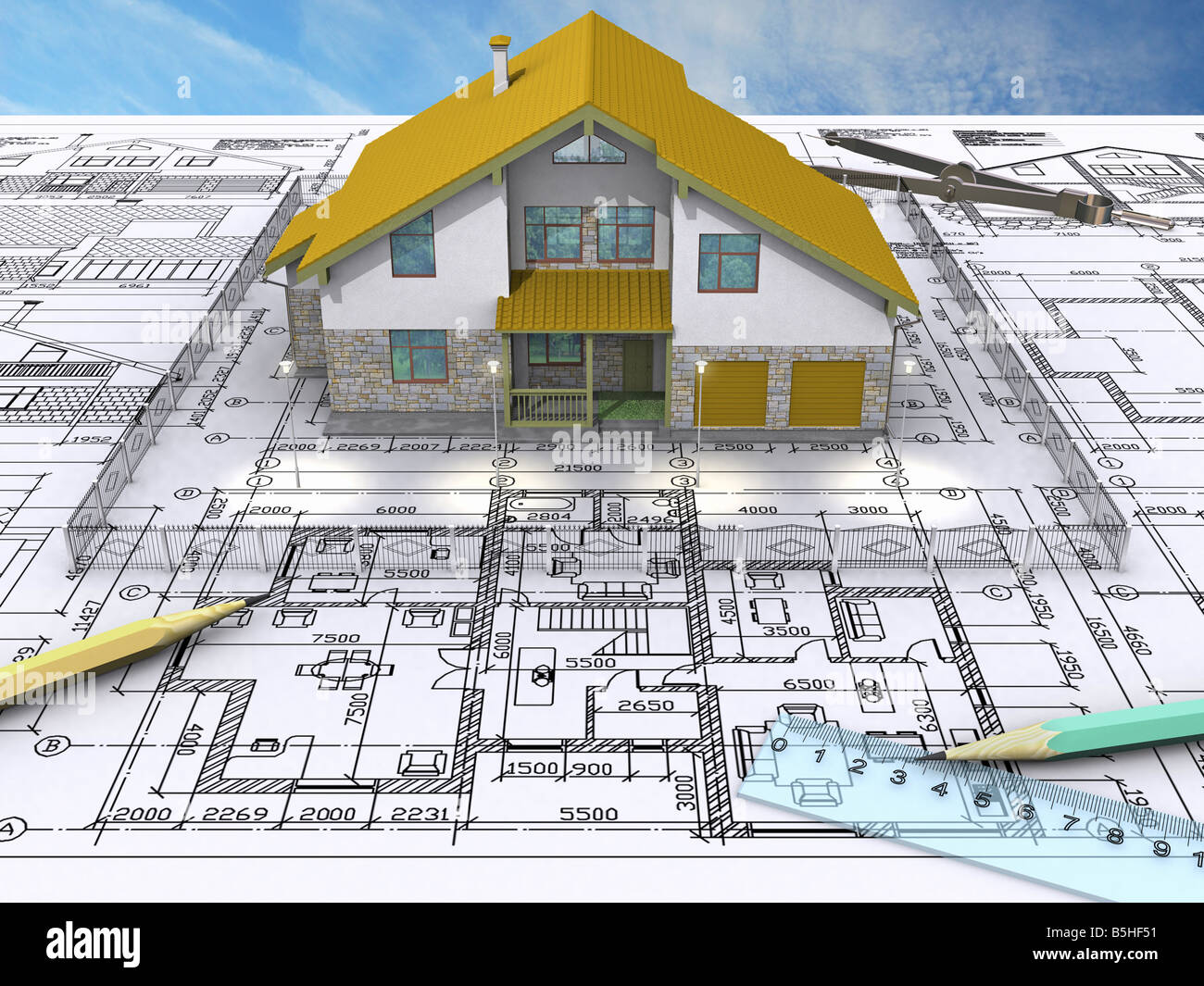 Residential house on architect s drawing Front view Stock Photo - Alamy