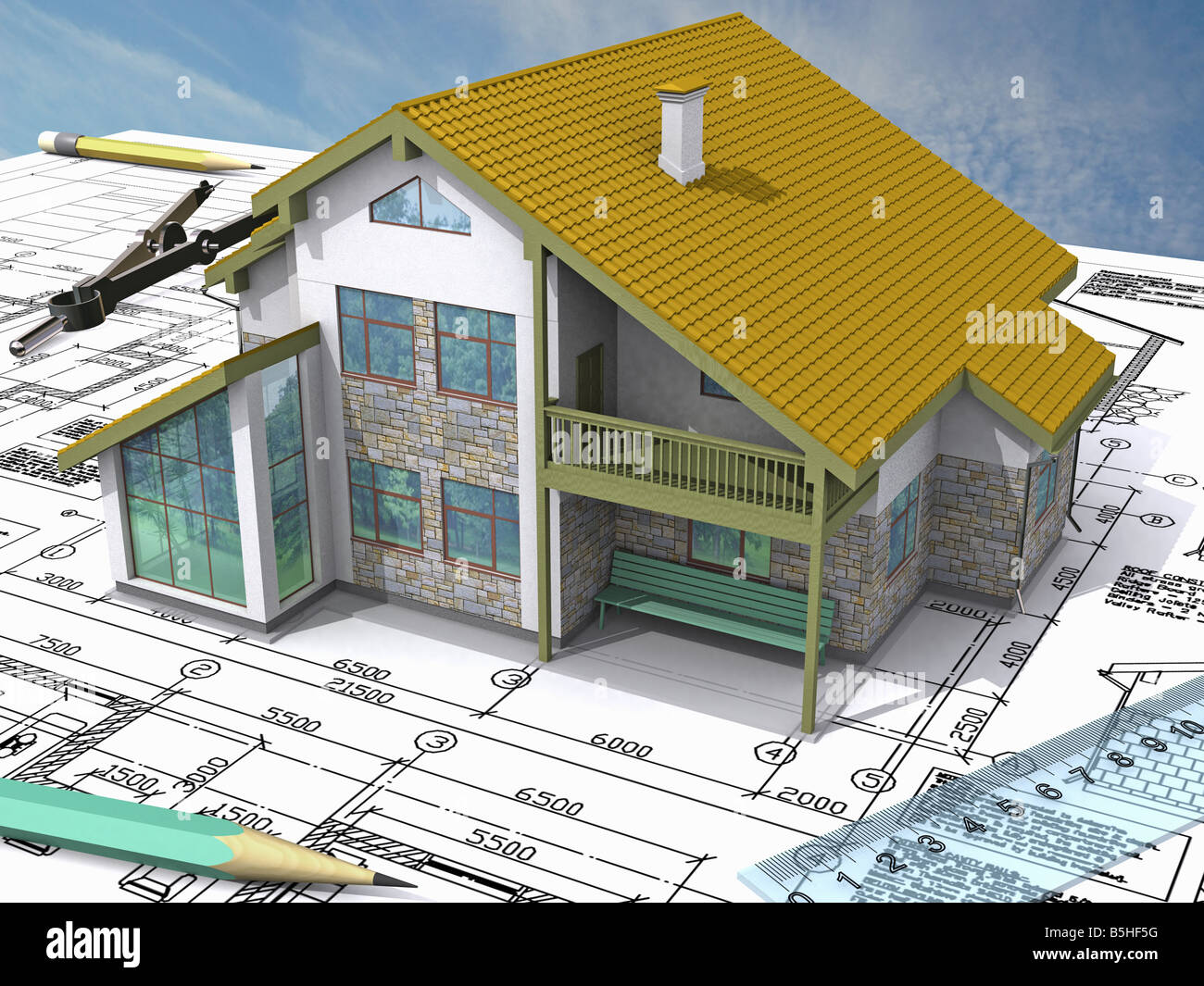 Residential house on architect s drawing NW Isometric view Stock Photo ...