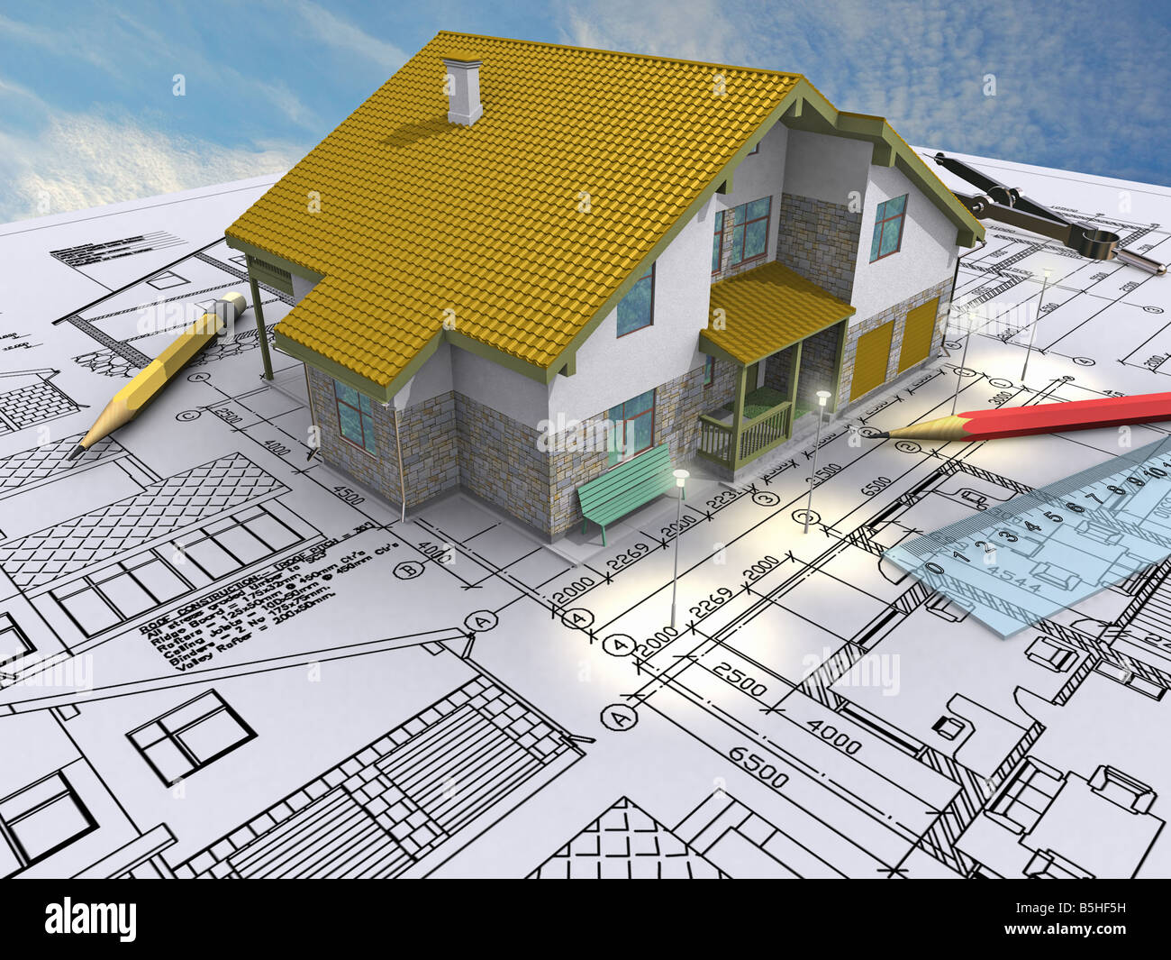 Residential house on architect s drawing SW Isometric view Stock Photo ...