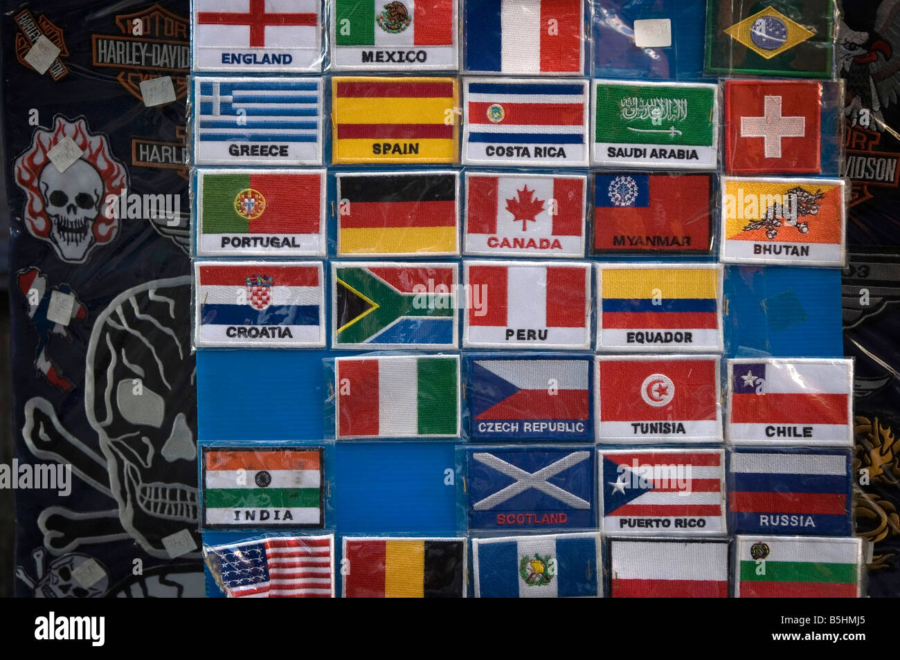 Assorted national flags at a market stall, Khao San Road, Bangkok ...