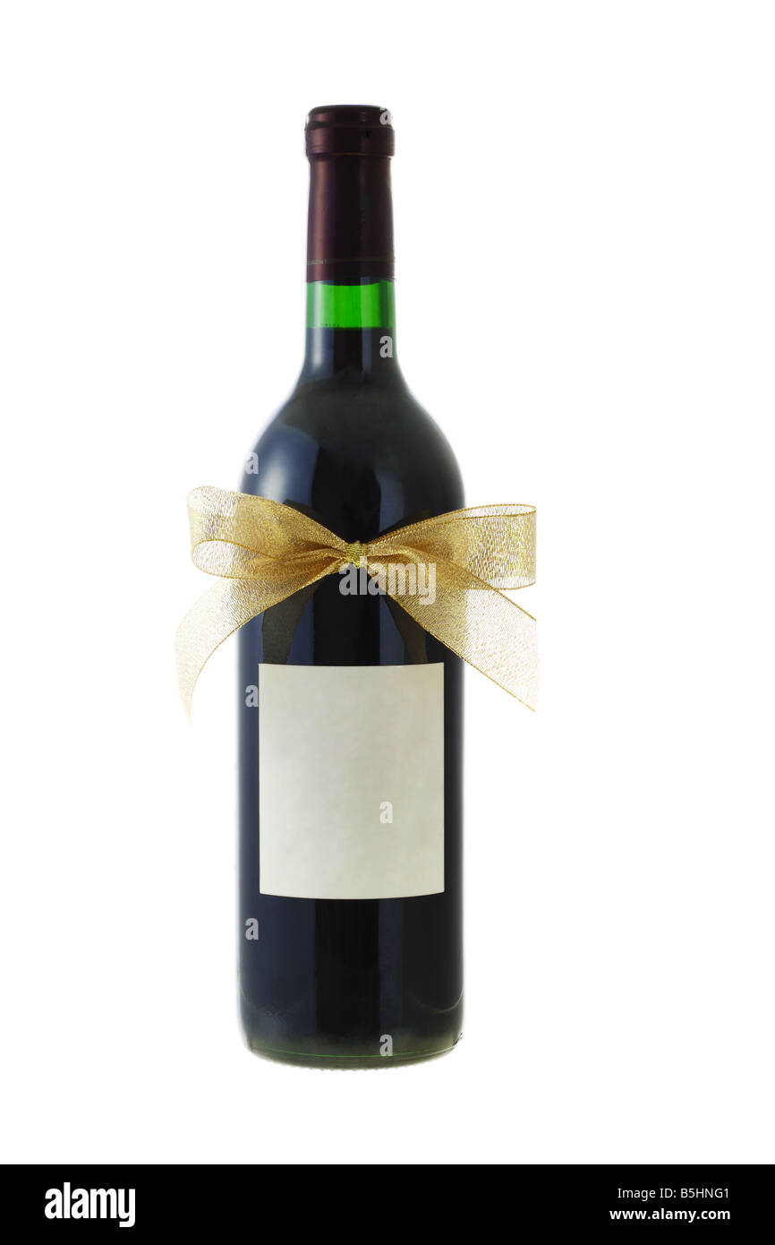 Bottle of red wine decorated with bow ribbon on white Stock Photo - Alamy
