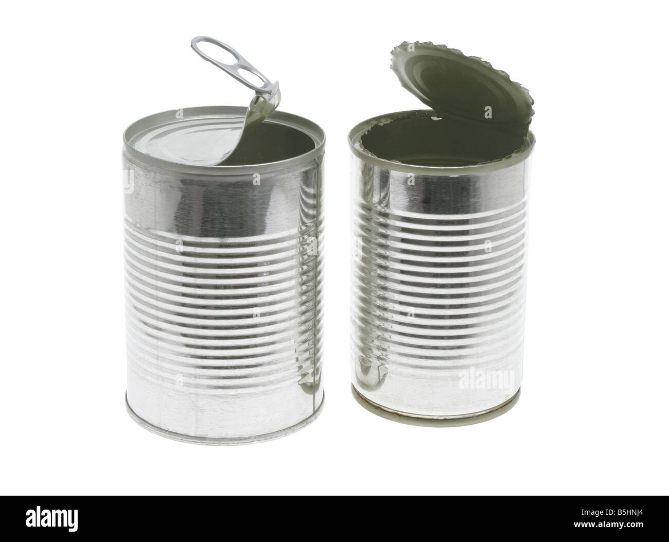 Two open tin cans on white background Stock Photo - Alamy