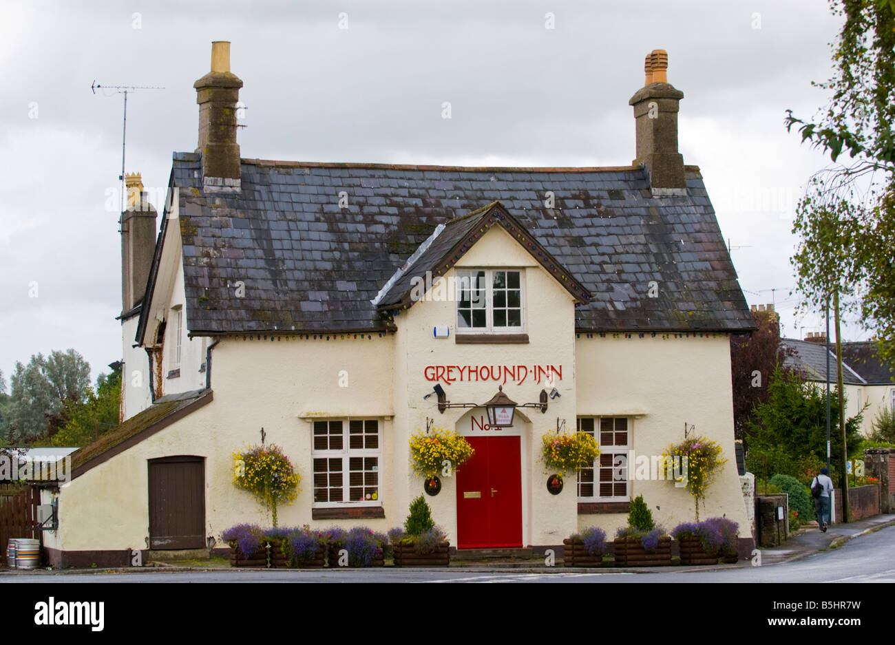 Exterior of Greyhound Inn pub in the rural market town of Usk ...