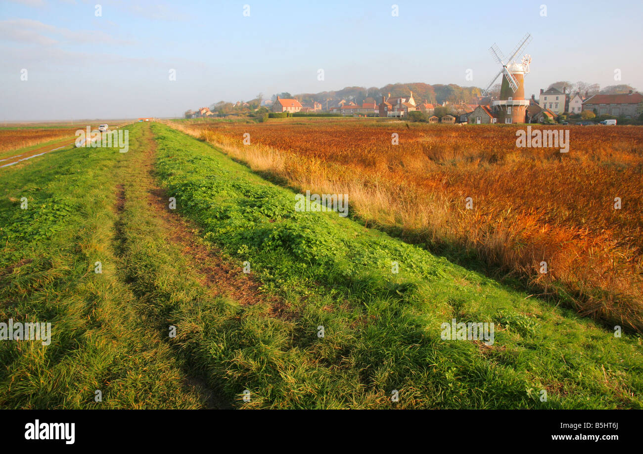 View of the village of Cley next the Sea with its windmill, Norfolk ...