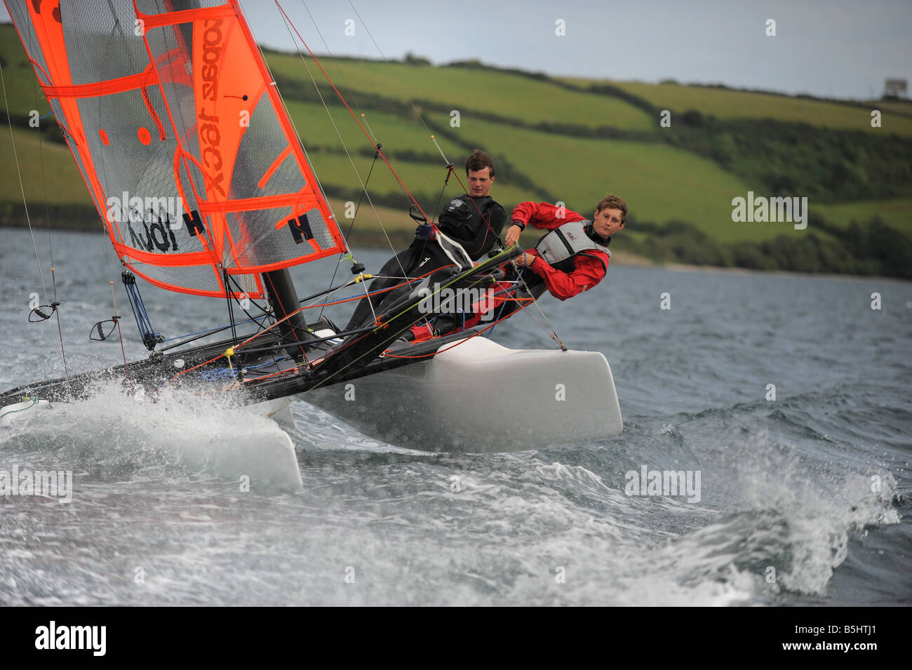 Two men sailing fast on a Catamaran Conversion course pictured at Mylor ...