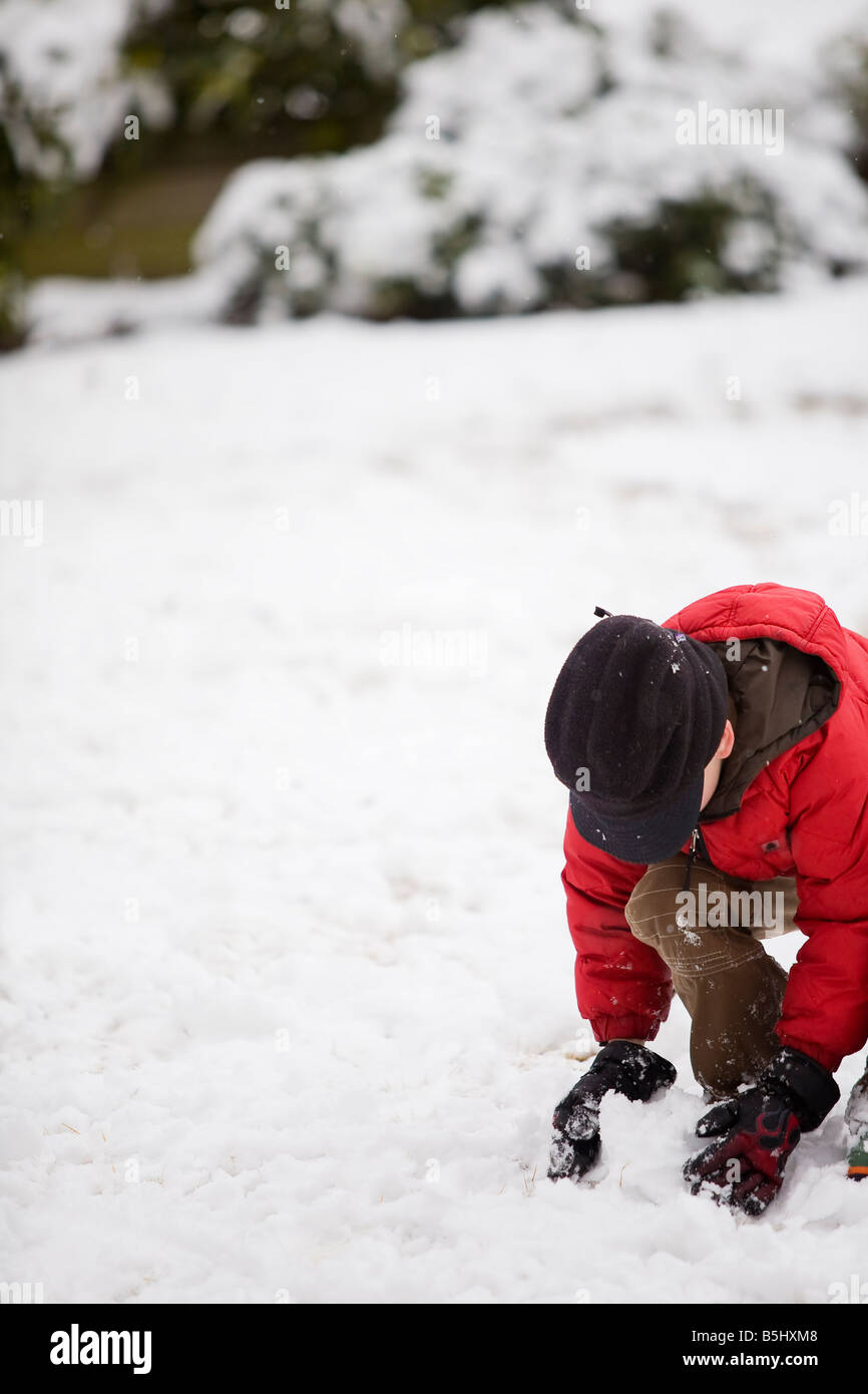 Young boy dressed warmly making snowballs outside in the snow Stock ...
