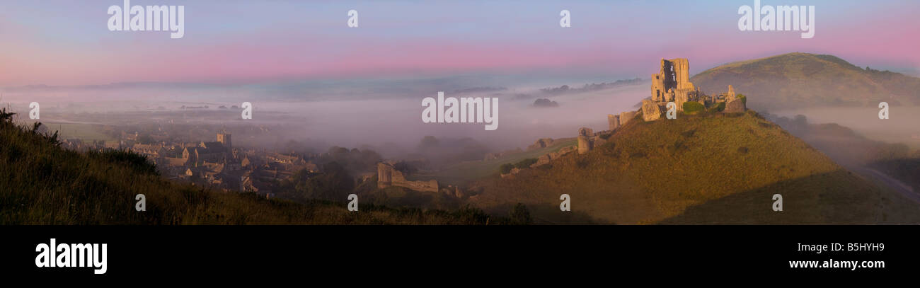 Ruins of Historical Corfe Castle Mist early one Morning Panorama ...