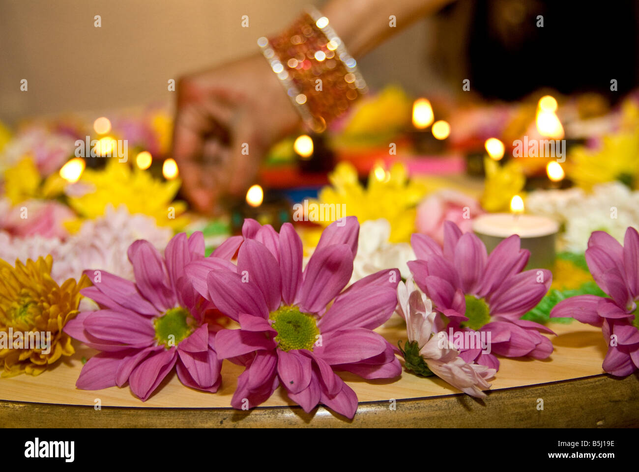 Candles and colourful display to celebrate the Indian Diwali light ...