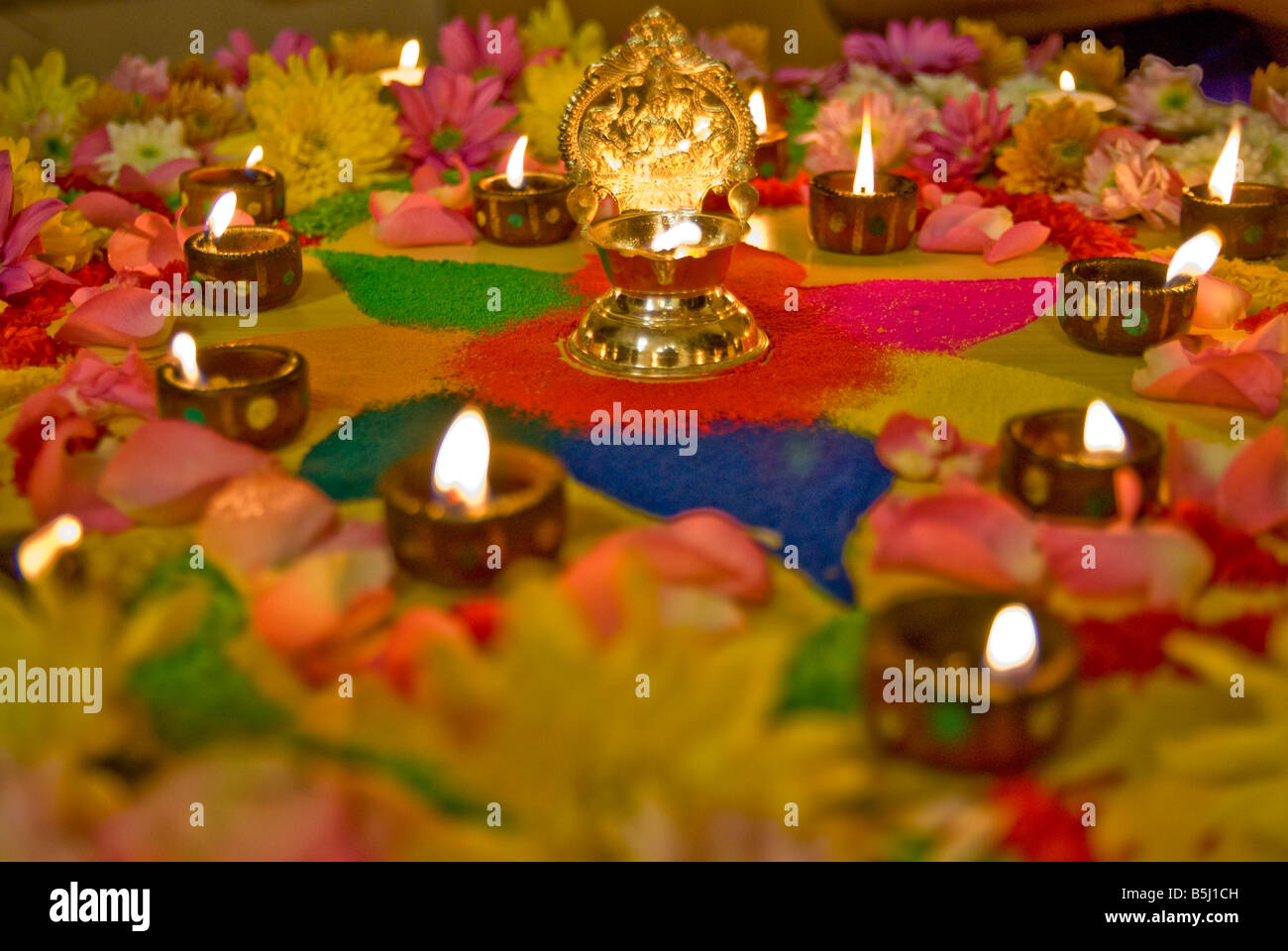 Candles and colourful display to celebrate the Indian Diwali light ...