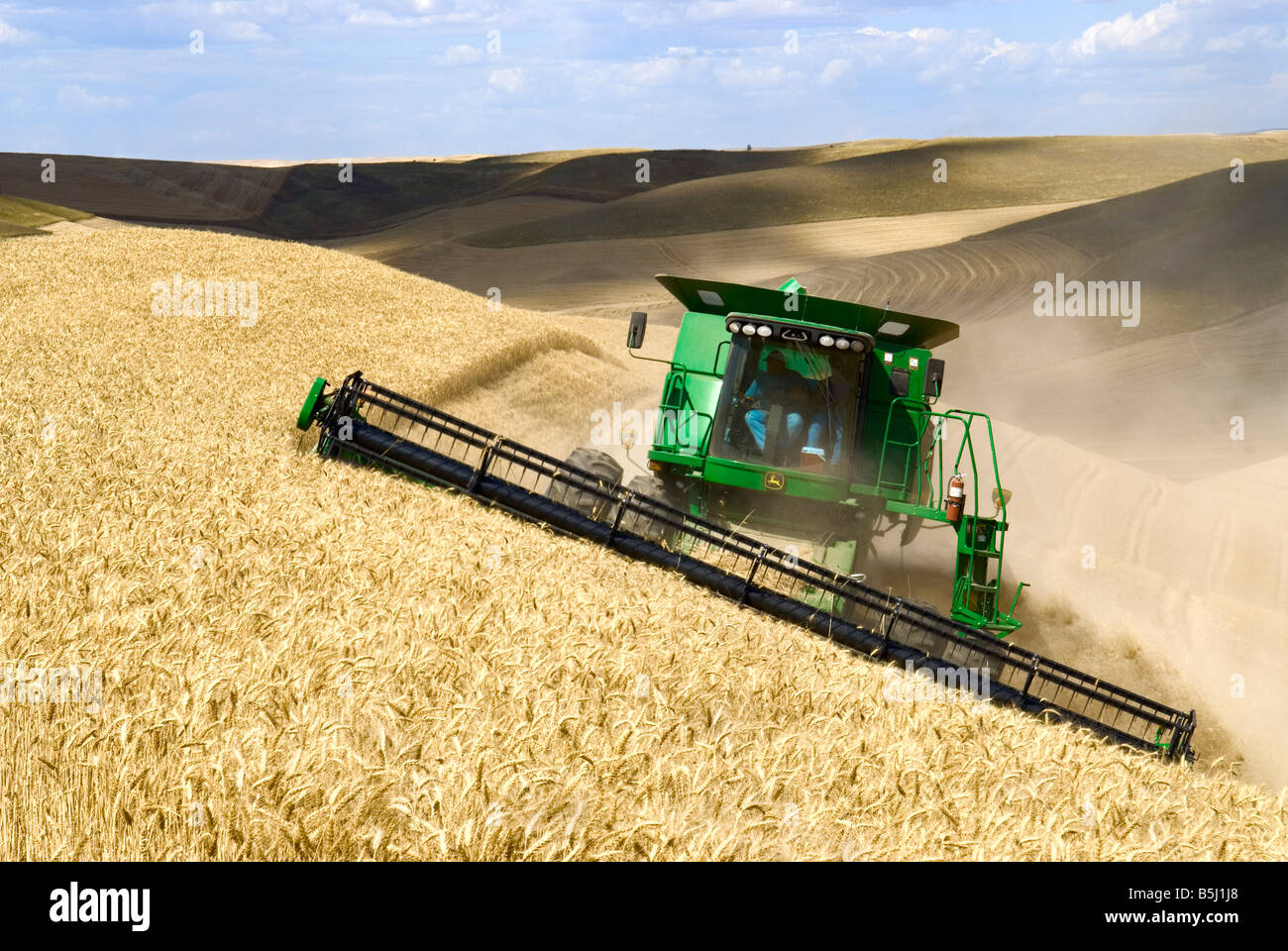 A self leveling combine traverses a steep side hill in the Palouse ...