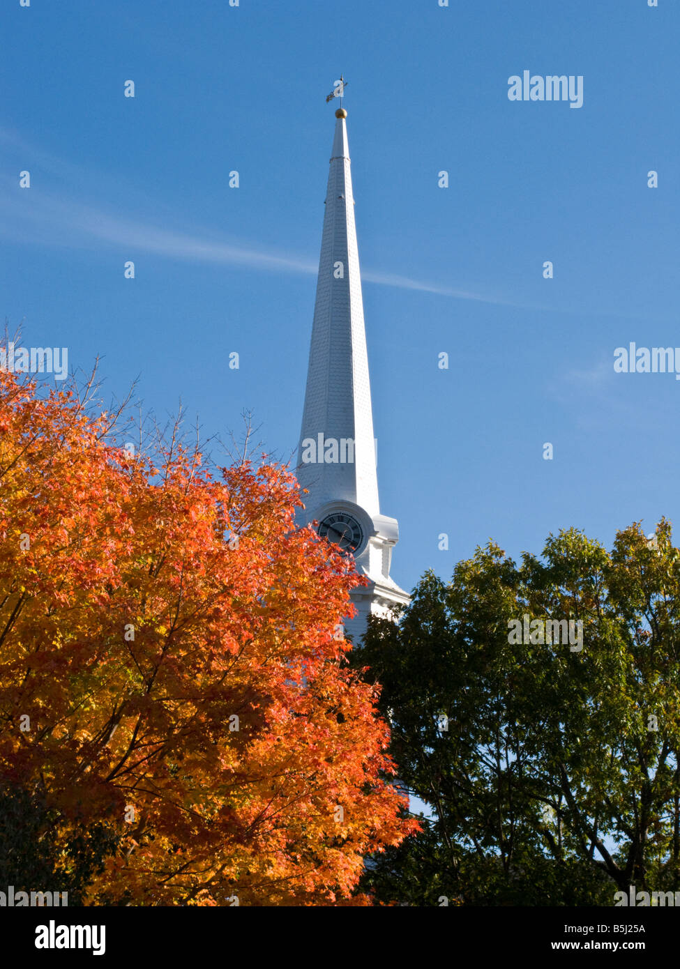 White church steeple with fall coloured colored trees in Camden Maine ...