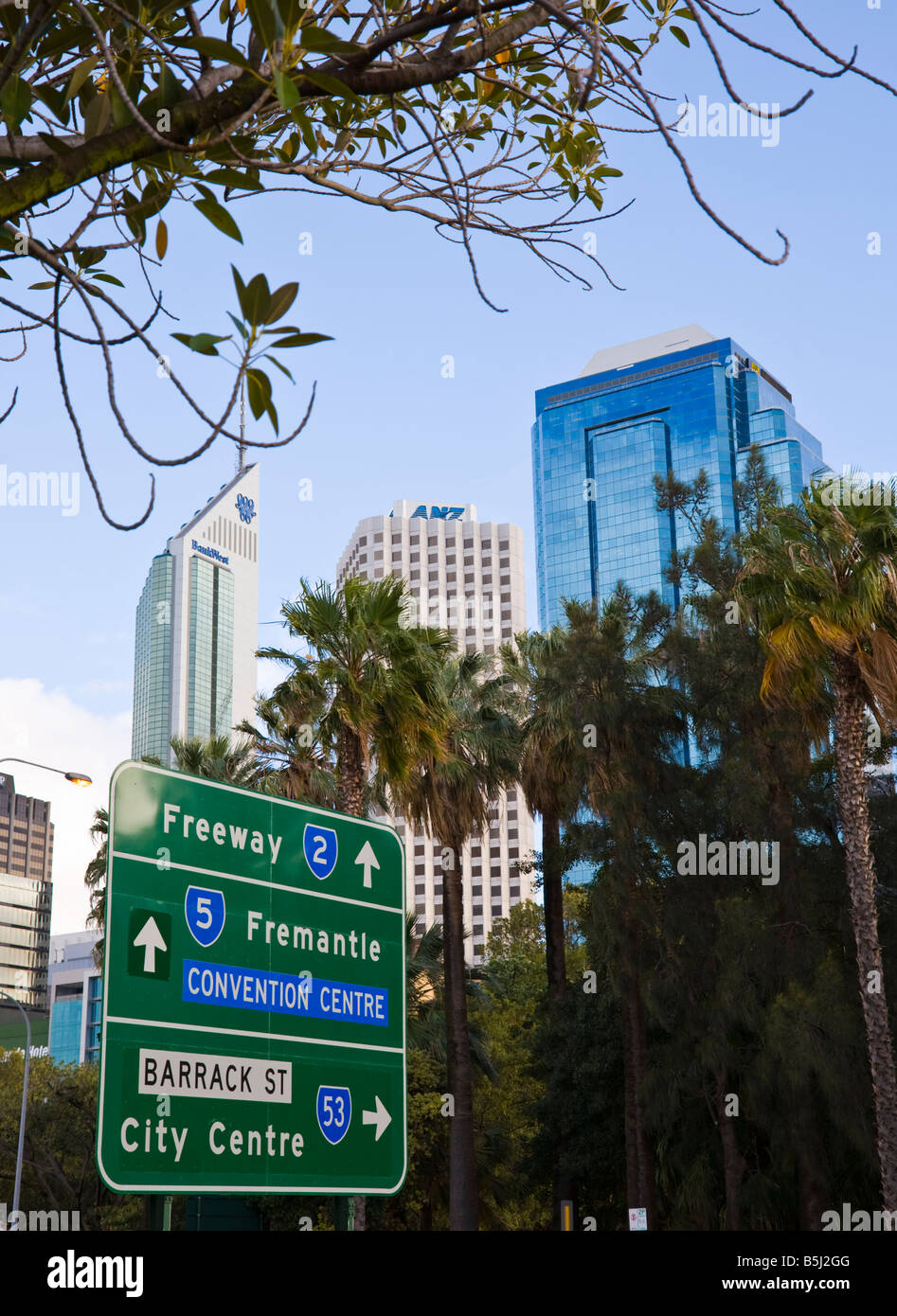 Sign for city centre with the building of the Central Business District ...
