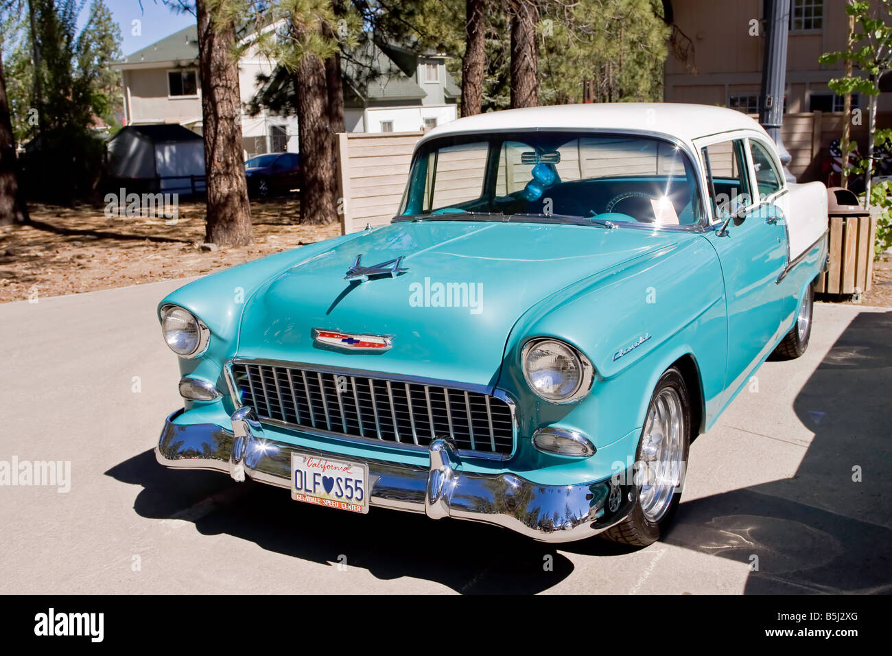 Turquoise and white 1955 Chevrolet V8 two door coupe Stock Photo - Alamy