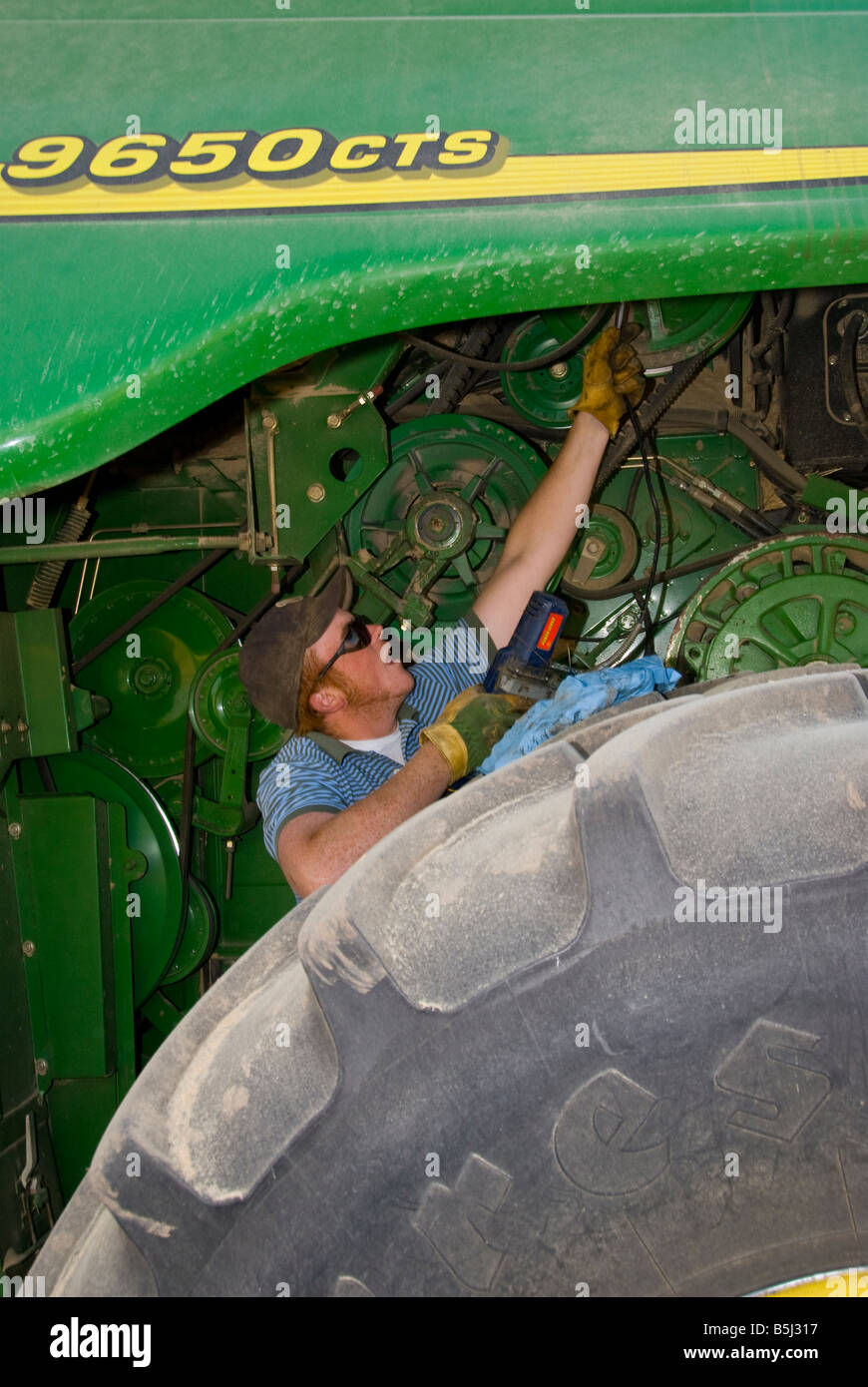A combine operator performs daily maintenance on his combine prior to ...