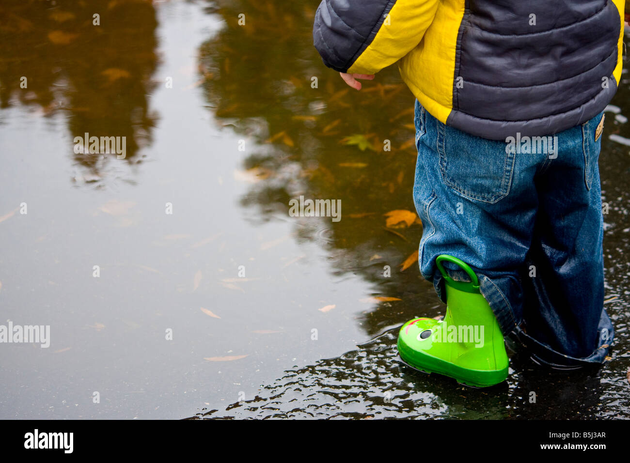child stands on the edge of a puddle wearing green froggy boots with ...