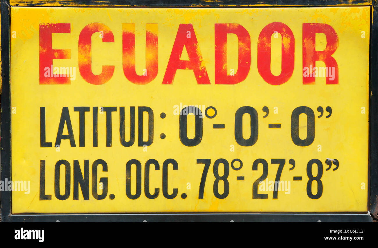 Sign marking the equator at Mitad del Mundo near Quito in Equador Stock ...
