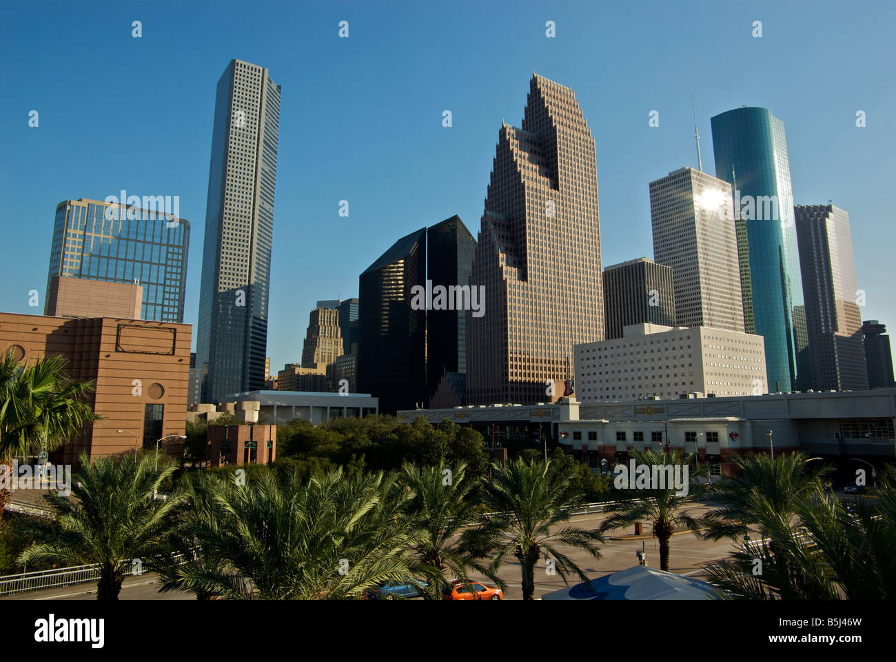Gleaming highrise office tower building of downtown Houston skyline in ...