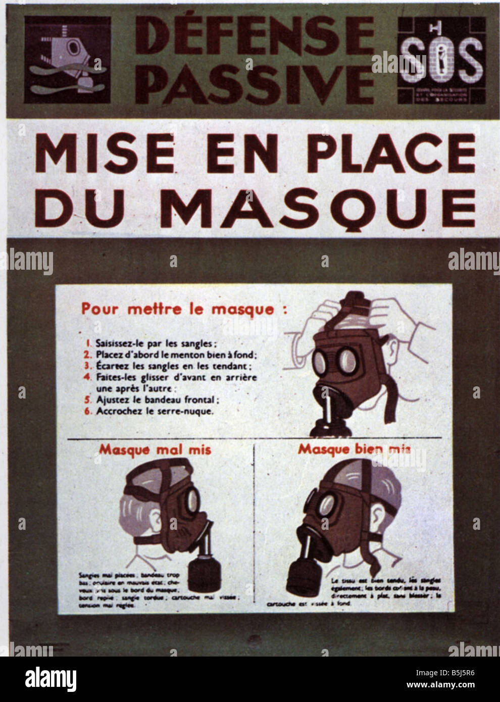 Propaganda poster for the Civil Defense, putting on a gas mask (1940 ...