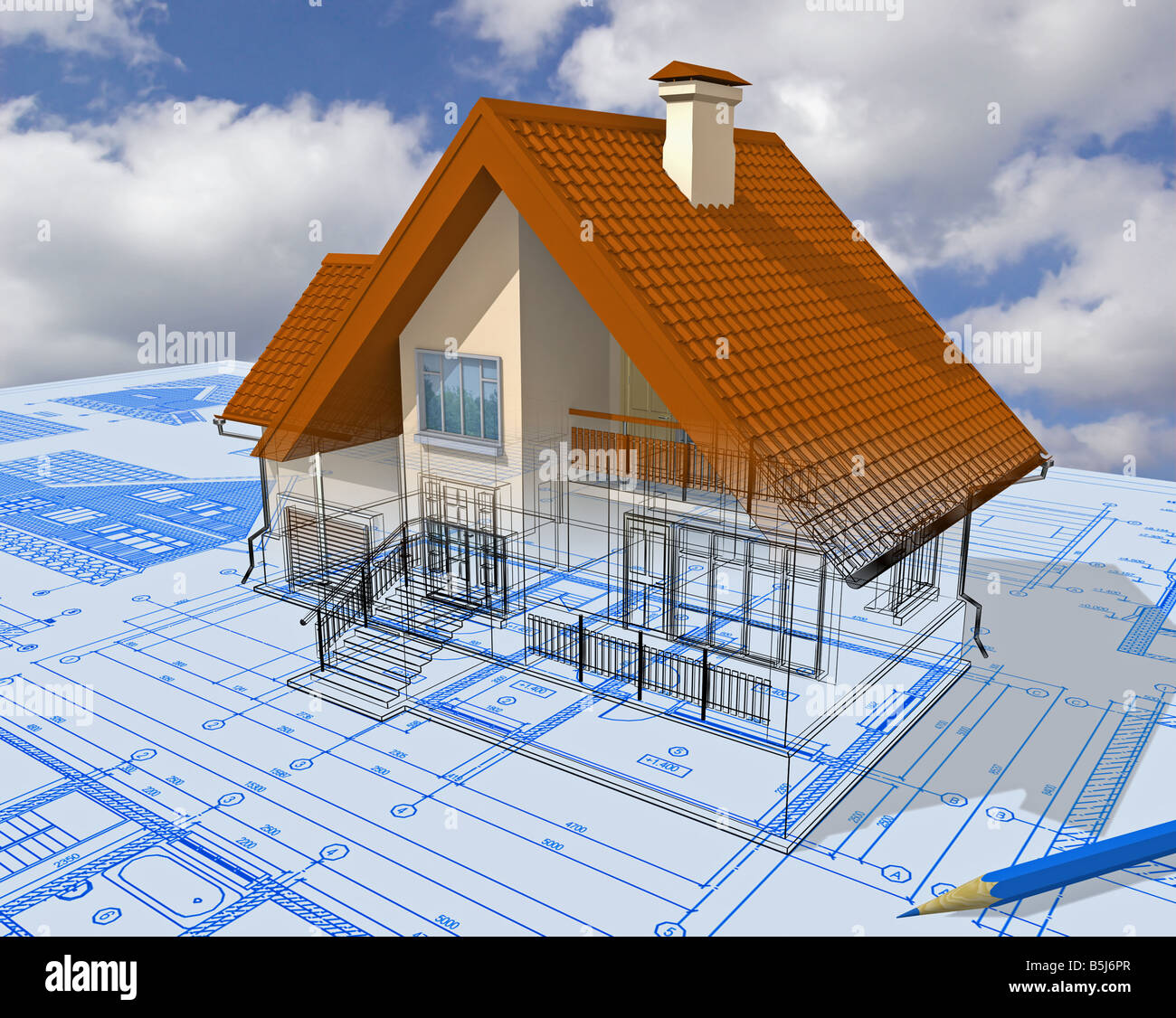 Isometric view the residential house on architect s drawing Stock Photo ...