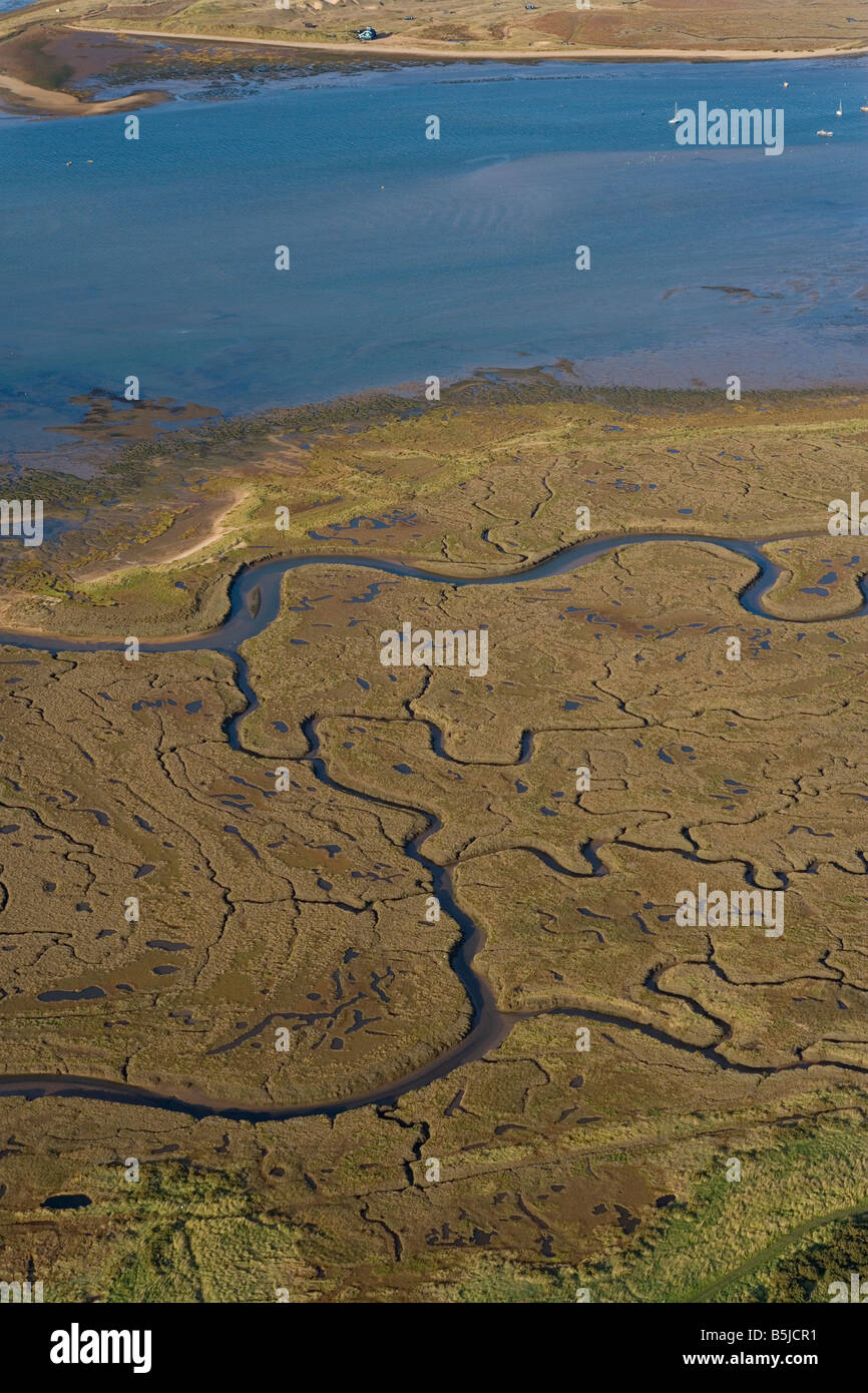 Aerial landscape showing the intertidal zone of creeks and saltmarsh ...